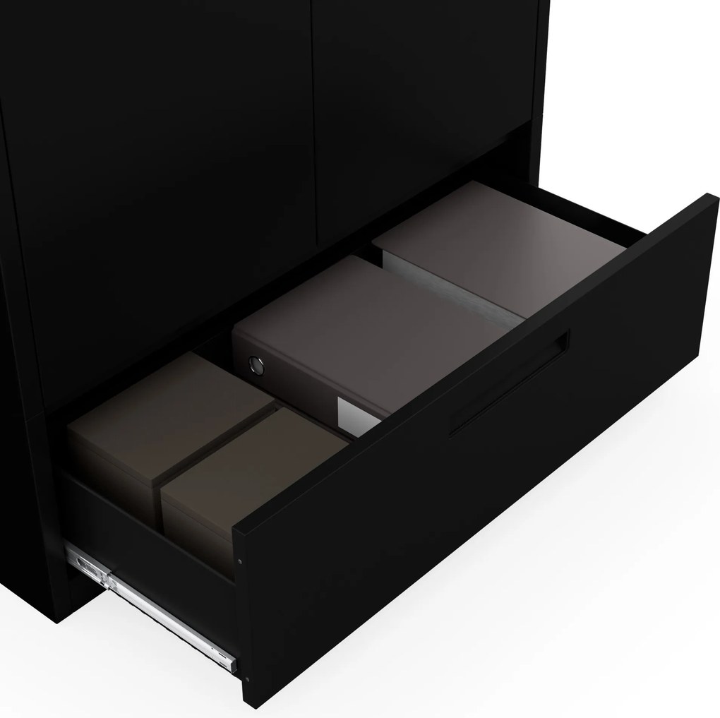 Modulární kovová skříň s policemi a zásuvkou, černá, 1850x900x400 mm: MEGAN