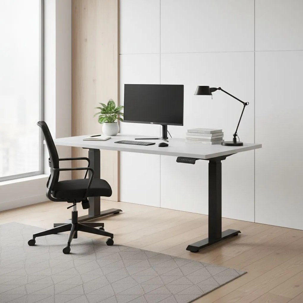 Výškově nastavitelný stůl OfficeTech D, 140 x 80 cm, černá podnož, světle šedá