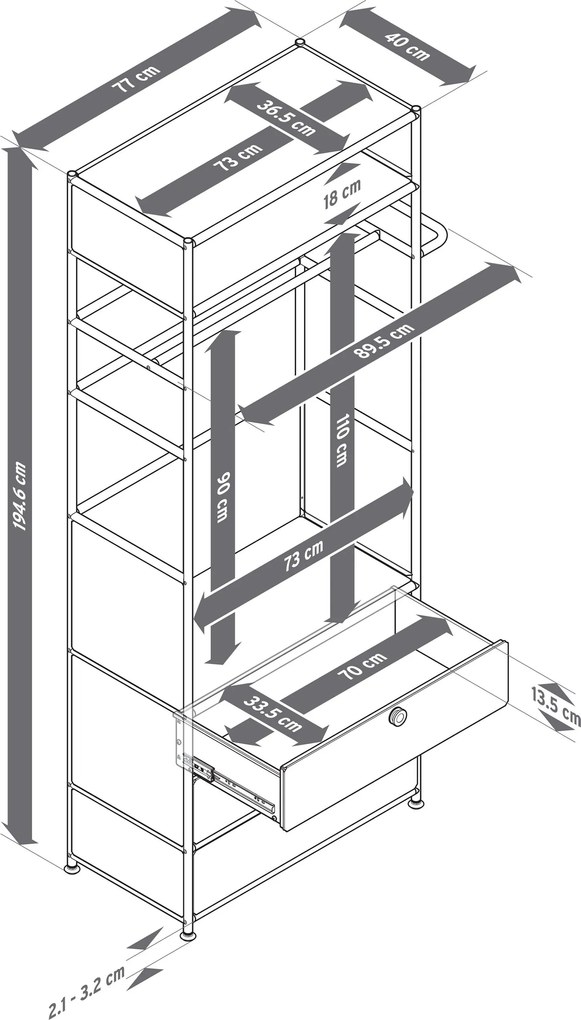 Tchibo - Kovová šatní skříň »Cn3« s šatní tyčí a 3 zásuvkami - barva: bílá