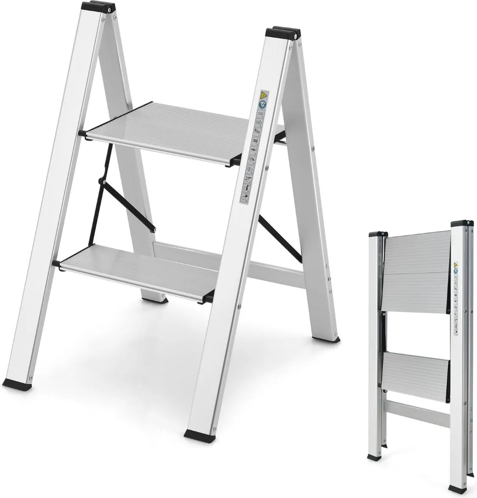Costway Schůdkový žebřík 2 stupňový hliníkový skládací žebřík do 150 kg, stříbro