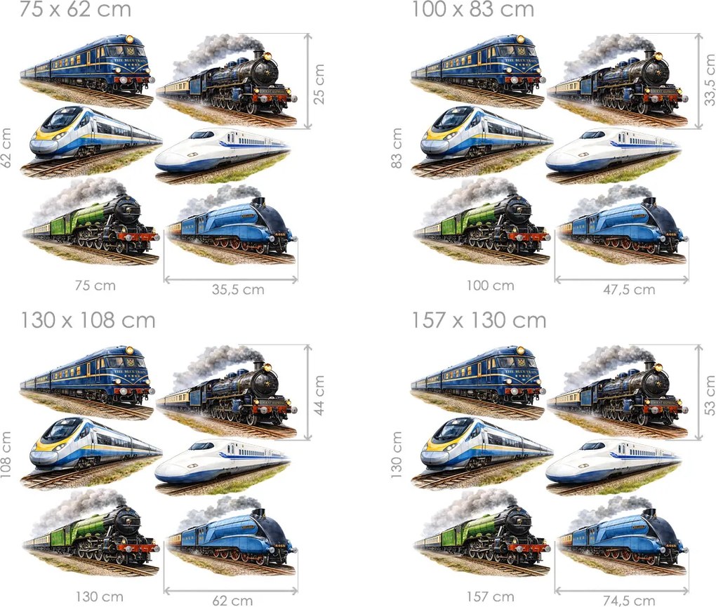 Ikonické vlaky textilní přelepitelné samolepky na zeď arch 100 x 83 cm