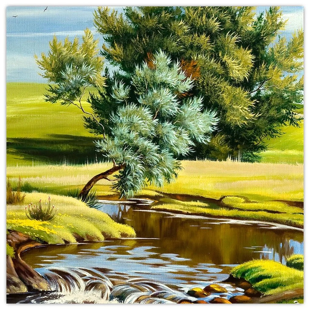 Obraz - Řeka mezi loukami, olejomalba (30x30 cm)