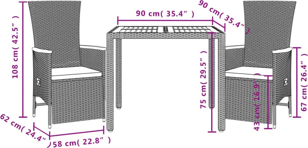 3dílný zahradní jídelní set s poduškami černý polyratan 3277503