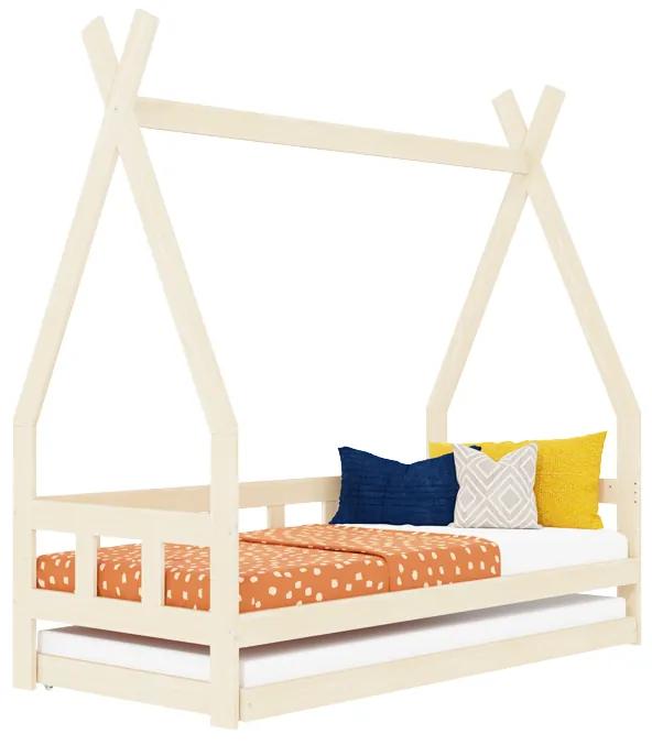 Benlemi Dětská teepee postel FENCE 4v1 ze dřeva se zábranou a přistýlkou Zvolte barvu: Béžová, Zvolte rozměr: 90x160 cm, Zvolte zábranu: S jednou zábranou