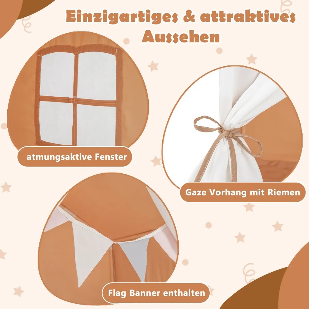 Costway Dětský stan s omyvatelnou bavlněnou podložkou a vlajkou Banner s okny