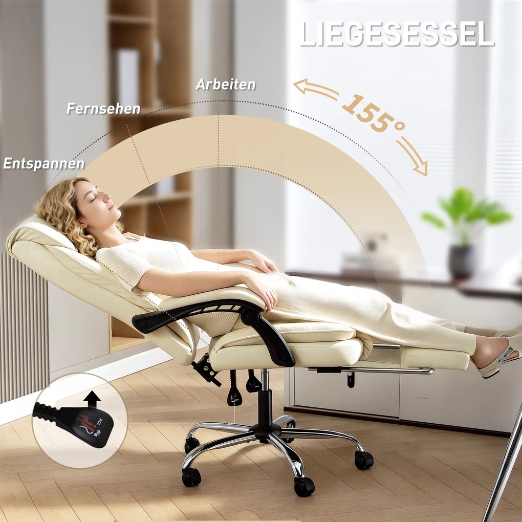 HOMCOM Ergonomická kancelářská židle s opěrkou nohou, potažená umělou kůží, na kolečkách, otočná, kov, béžová+černá