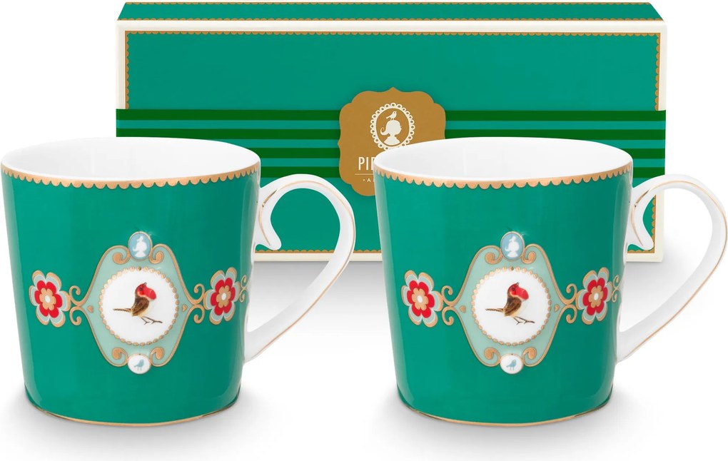 Pip Studio Love Birds sada 2 ks hrnků 165ml, zelená (Sada hrnků v dárkovém balení)