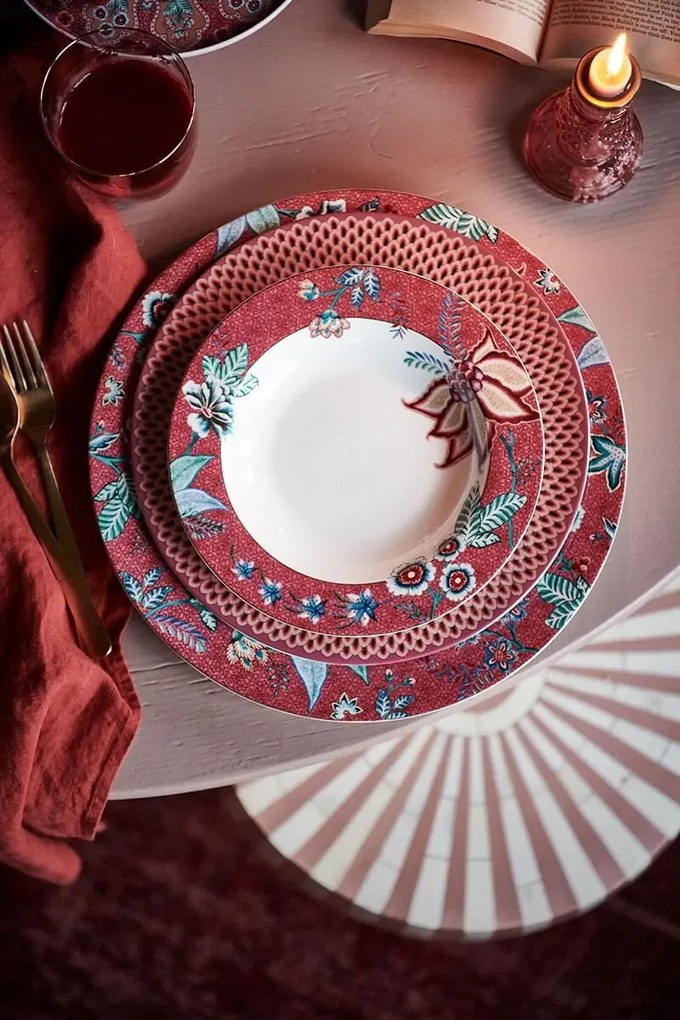 Pip Studio Flower Festival hluboký talíř Ø21,5cm, tmavě růžová (Holandský tenkostěnný porcelán, hluboký talíř)