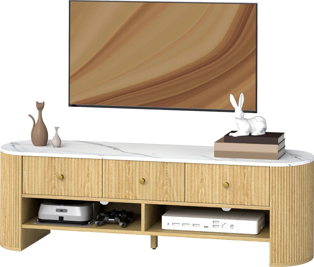 HOMCOM TV skříň 140 cm, televizní nábytek pro 65palcové televize s mramorovým efektem, 3 drážkované čelníky zásuvek, efekt přírodního dřeva