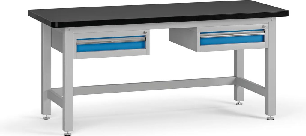 Profesionální dílenský stůl G4, 2x1 zásuvka, deska MDF + PVC, 1800 x 750 x 800 mm, modrá