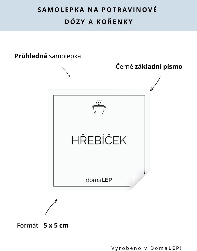 Samolepka na kořenky HŘEBÍČEK průhledná 5 × 5 cm základní písmo