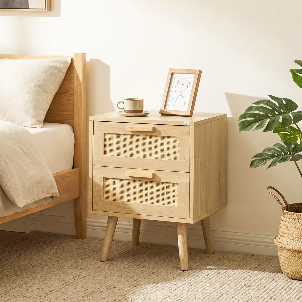 HOMCOM Set 2 Nočních Stolků, Boční Stoly, 2 Zásuvky s Ratanovými Předními Stranami, Boho Styl, Noční Stolky, Nohy z Přírodního Borového Dřeva