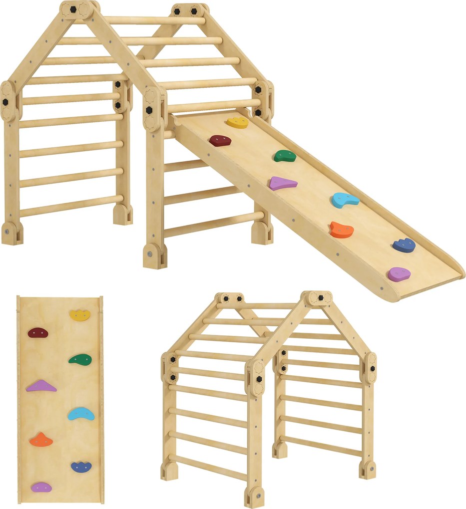 AIYAPLAY Prolézačka 3 v 1 se skluzavkou, lezecký trojúhelník na klouzání a lezení, dřevěná prolézačka, pro děti od 1,5 do 4 let, vnitřní, pestrobarev…