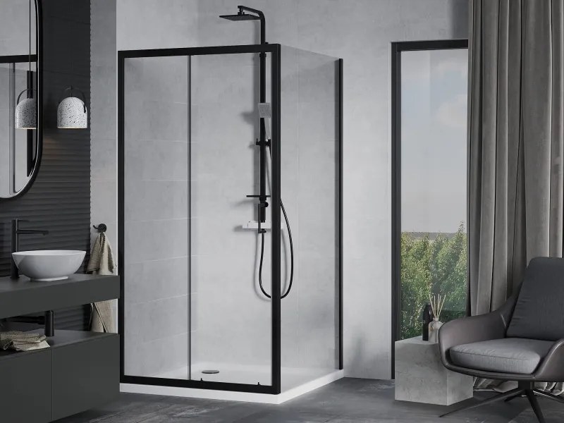 Mexen Apia posuvná sprchová kabina 90 x 90 cm, transparentní, černá + vanička Flat, bílá - 840-090-090-70-00-4010B