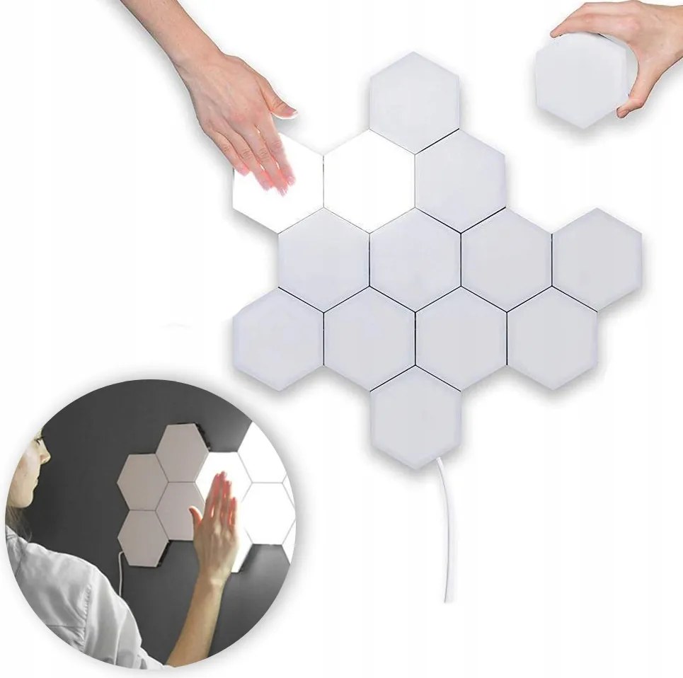 Sada 8 Kusů Led Lampa Na Zeď Hexagon Šestiúhelník Bílá Dotyk Kvantová