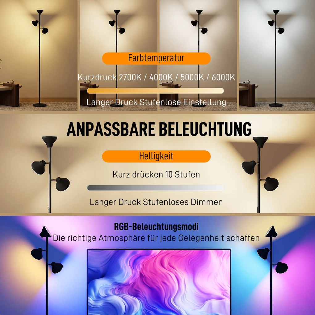 HOMCOM Stojací lampa stmívatelná s čtecí lampou, stojací lampa RGB s měnícími se barvami s dálkovým ovládáním, dotykové ovládání, 3 otočné hlavy, čer…