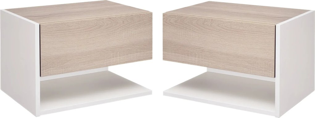 HOMCOM Sada 2 Floating Nočních Stolků Bez Noh s 1 Zásuvkou a Otevřenou Policou pro Ložnici 46x30x30 cm Dub a Bílá | Aosom