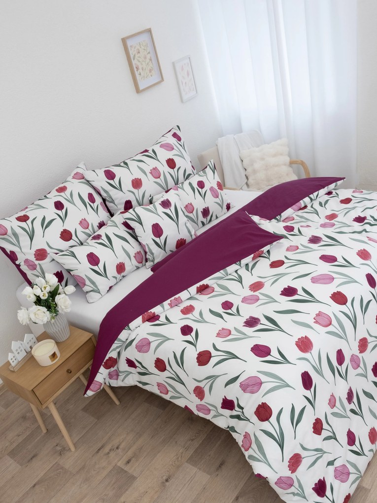 MK Lůžkoviny Francouzské bavlněné povlečení Renforcé - Květy tulipánů fialové 220 × 200 cm, 2ks 70 x 90 cm