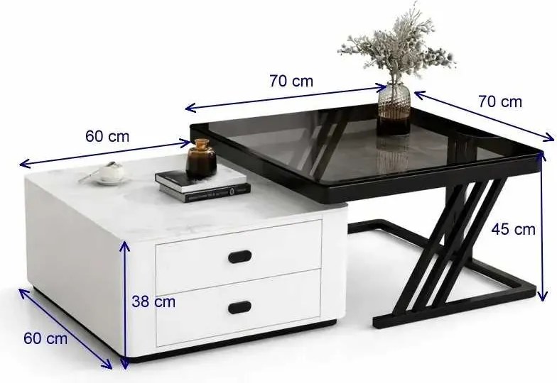 LuxuryForm DESIGN Konferenční stolek BOLT 70 × 70 / 60 × 60 cm – bílý / zlatý (set 2 ks)