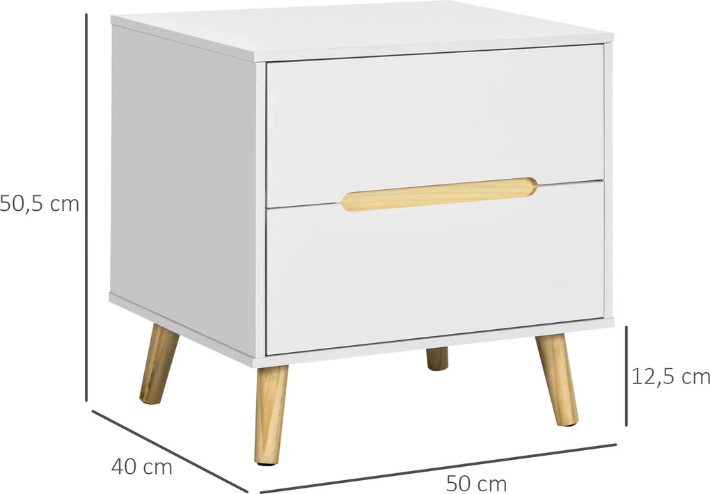 Noční stolík HOMCOM se 2 zásuvkami a dřevěnými nohami, noční stůl pro ložnici, obývací pokoj a kancelář, moderní styl 50x40x50,5 cm Bílý