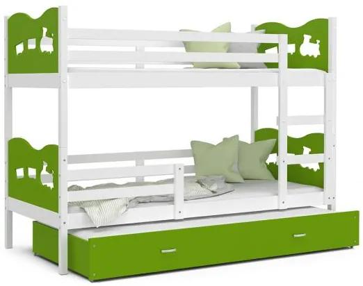 DOBRESNY Dětská patrová postel MAX 3 90x200 cm s bílou konstrukcí v zelené barvě s vláčky