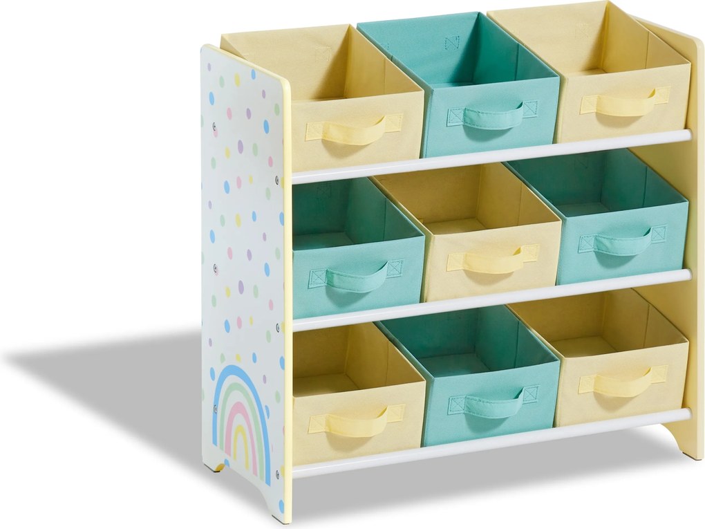 Livarno Home Dětský úložný regál s 9 vyjímatelnými textilními boxy. (duhový/žlutý)