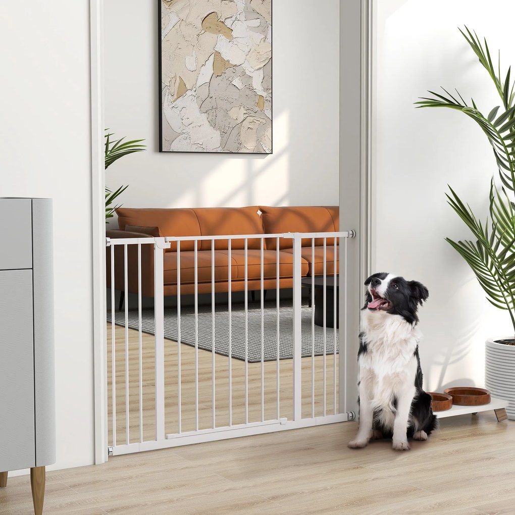 PawHut Schodišťová brána kovová ochrana dveří Bariérová brána nastavitelná bez vrtání 76-107x76cm Bílá