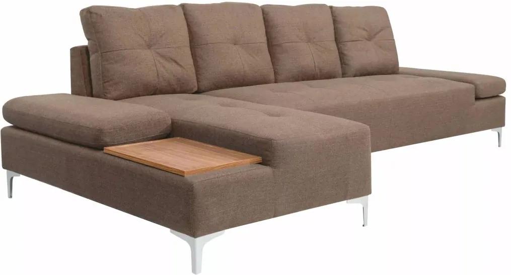 Rohová sedačka s dřevěným tácem - textil - XXL - 300 cm | hnědá