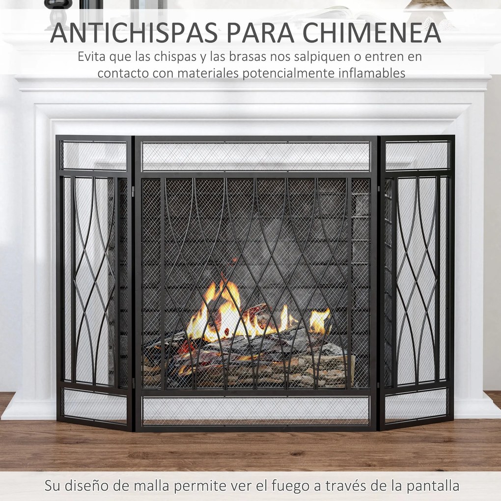 HOMCOM Skládací Ochranná Zástěna Krbu s 3 Panelovým Kloubovým Kovovým Rámem 126x3x80 cm Černá