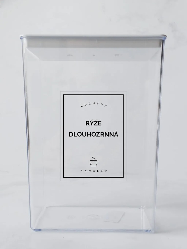 RÝŽE DLOUHOZRNNÁ – průhledná samolepka na dózu, tučné písmo, 6 x 8 cm | DomaLEP