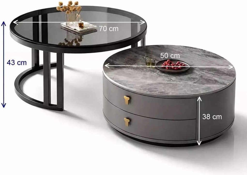 LuxuryForm DESIGN Konferenční stolek ORION 70 × 70 / 50 × 50 cm – šedý / šedý mramor (set 2 ks)