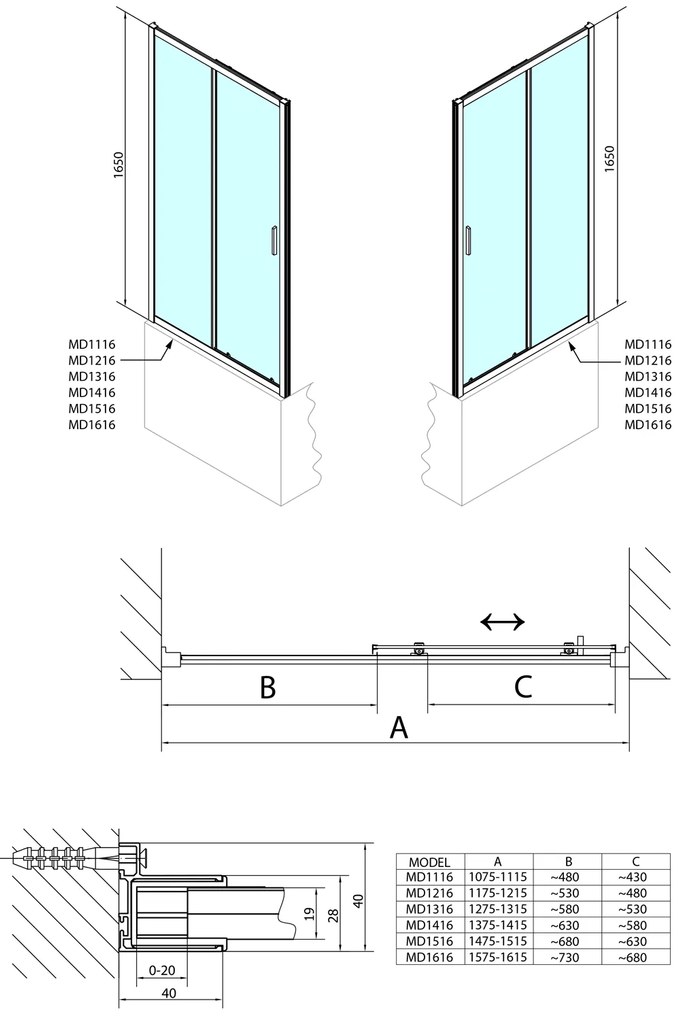 Polysan, DEEP sprchové dveře 1300x1650mm, čiré sklo, MD1316
