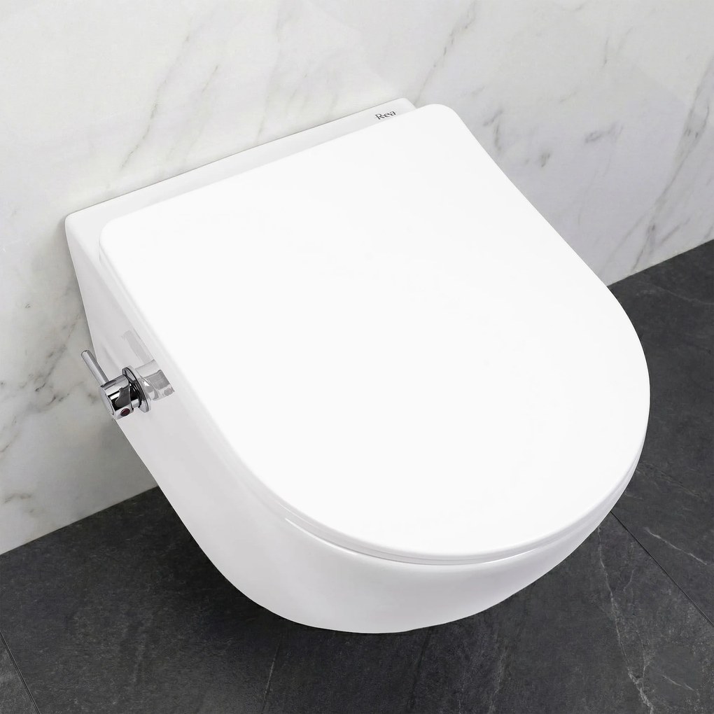 Závěsný WC komplet bez příruby s funkcí bidetu REA CARLO LUX RIMLESS, včetně SoftClose sedátka, bílá