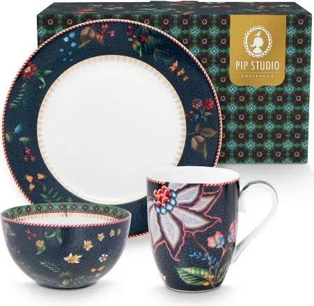 Pip Studio porcelánová sada Berry Blues snídaňová, 3 dílná (Porcelánová snídaňová sada s miskou, hrnečkem a talířem)