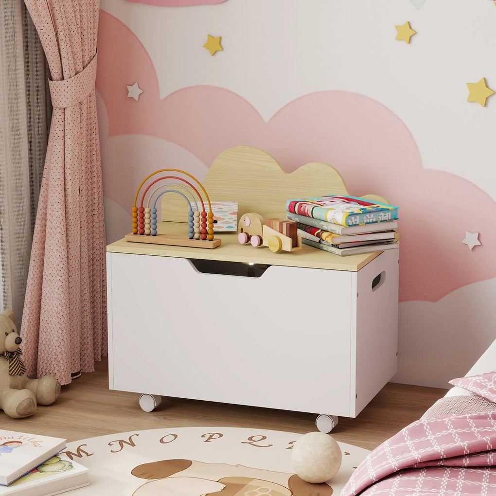 AIYAPLAY dětský box na hračky s kolečky, sklápěcí víko s bezpečnostním pantem, design mraků, bílá a přírodní