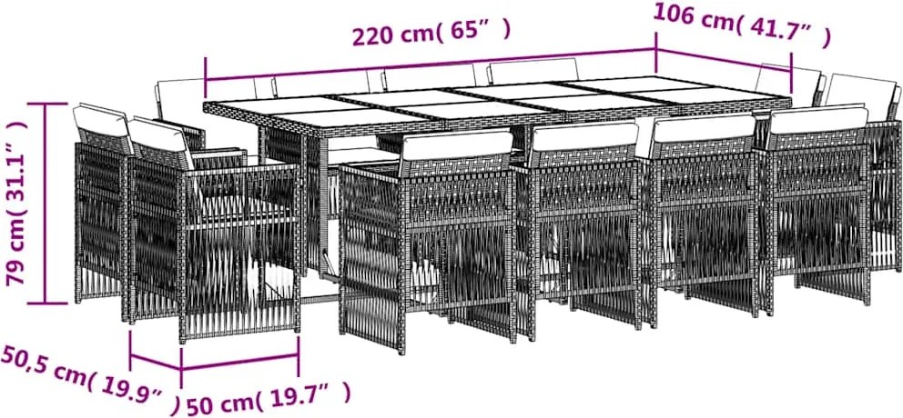 13dílný zahradní jídelní set s poduškami šedý polyratan 3211040