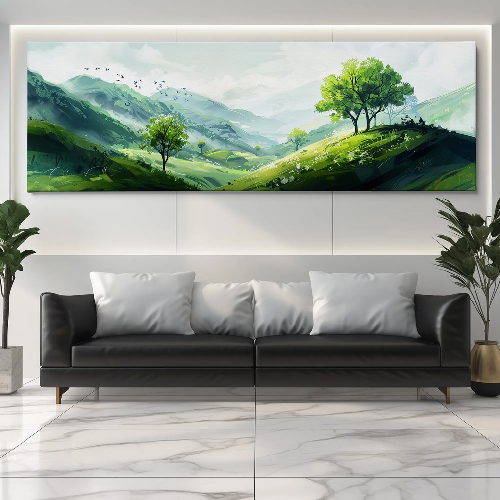 Obraz na plátně - Kopečky s osamělými stromečky FeelHappy.cz Velikost obrazu: 240 x 80 cm