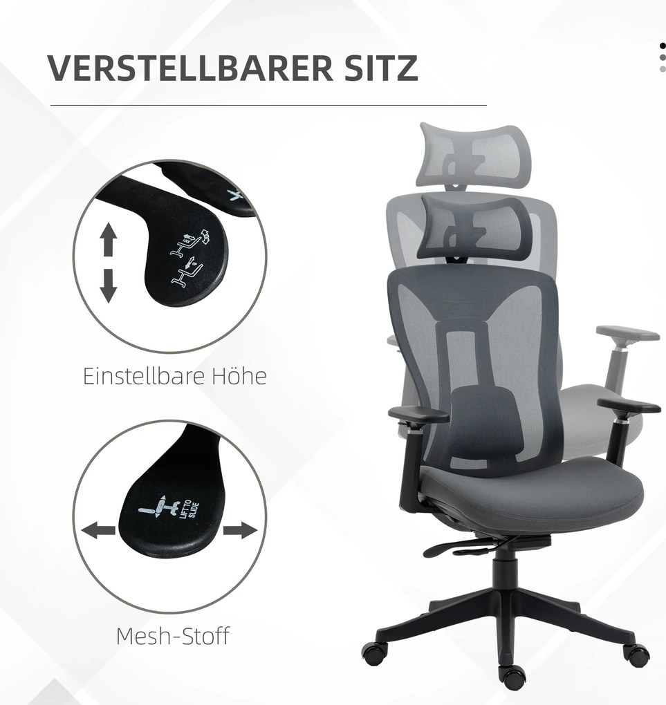 Kancelářská židle Vinsetto Ergonomická kancelářská židle s funkcí polohování Mesh grey pro pohodlnou práci a relaxaci |