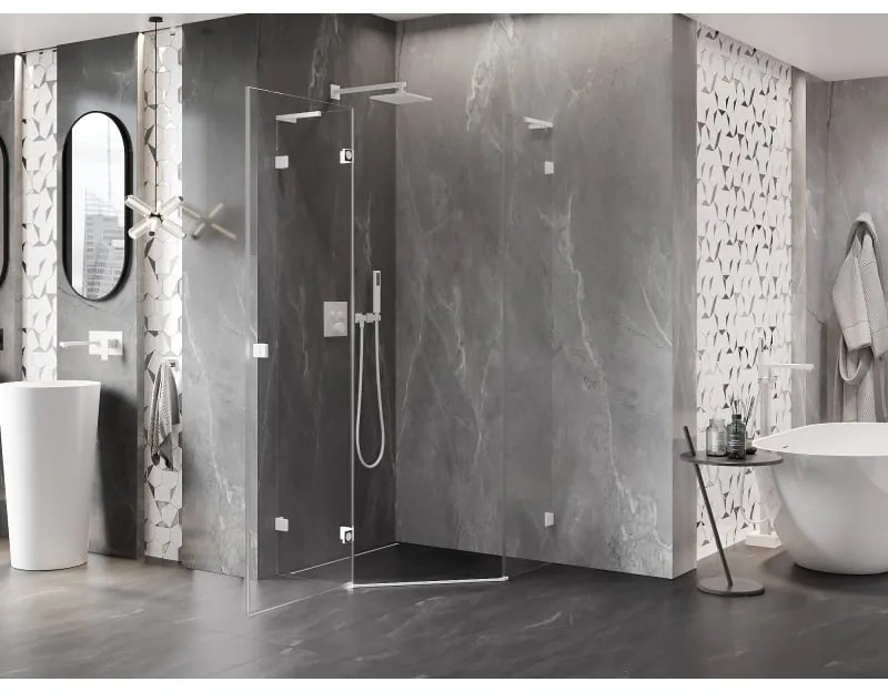 Mexen Lunar, L pětiúhelníkový sprchový kout naklápěcí doleva 80 x 80 cm, 8mm čiré sklo, bílý profil, 831L-080L-080P-20-00-L
