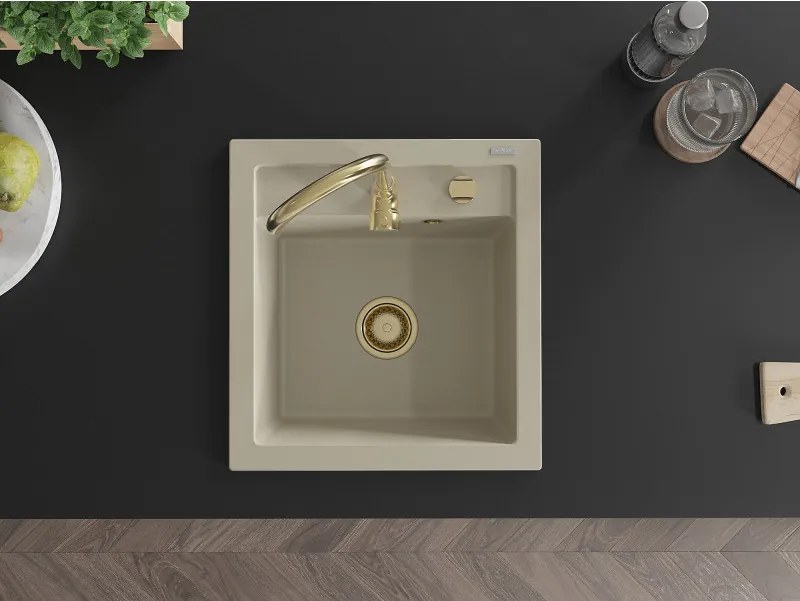 Mexen Vito, granitový dřez 520x490x210 mm, 1-komorový, béžová se zlatým sifonem, 6503521000-69-G