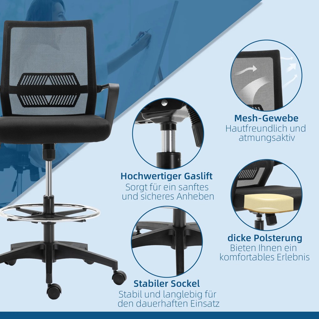 Vinsetto Ergonomická kancelářská židle s nastavitelným opěrným kruhem, bederní oporou, výškově nastavitelná otočná židle s síťovinou, návrhářská židl…