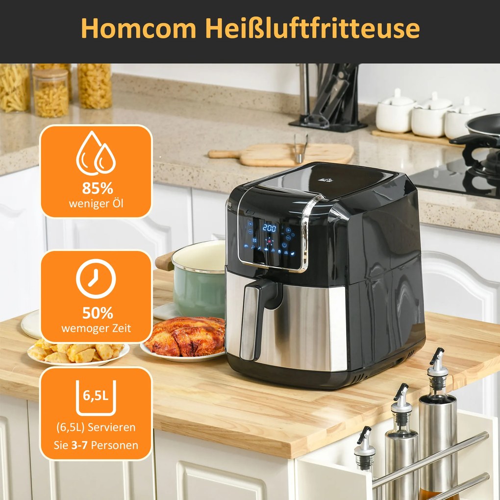 HOMCOM Horkovzdušná fritéza 6,5 l 1700 W, s 8 menu, LED displej, nepřilnavý koš pro zdravé vaření bez oleje, 36,5 x 29 x 33,8 cm | Aosom