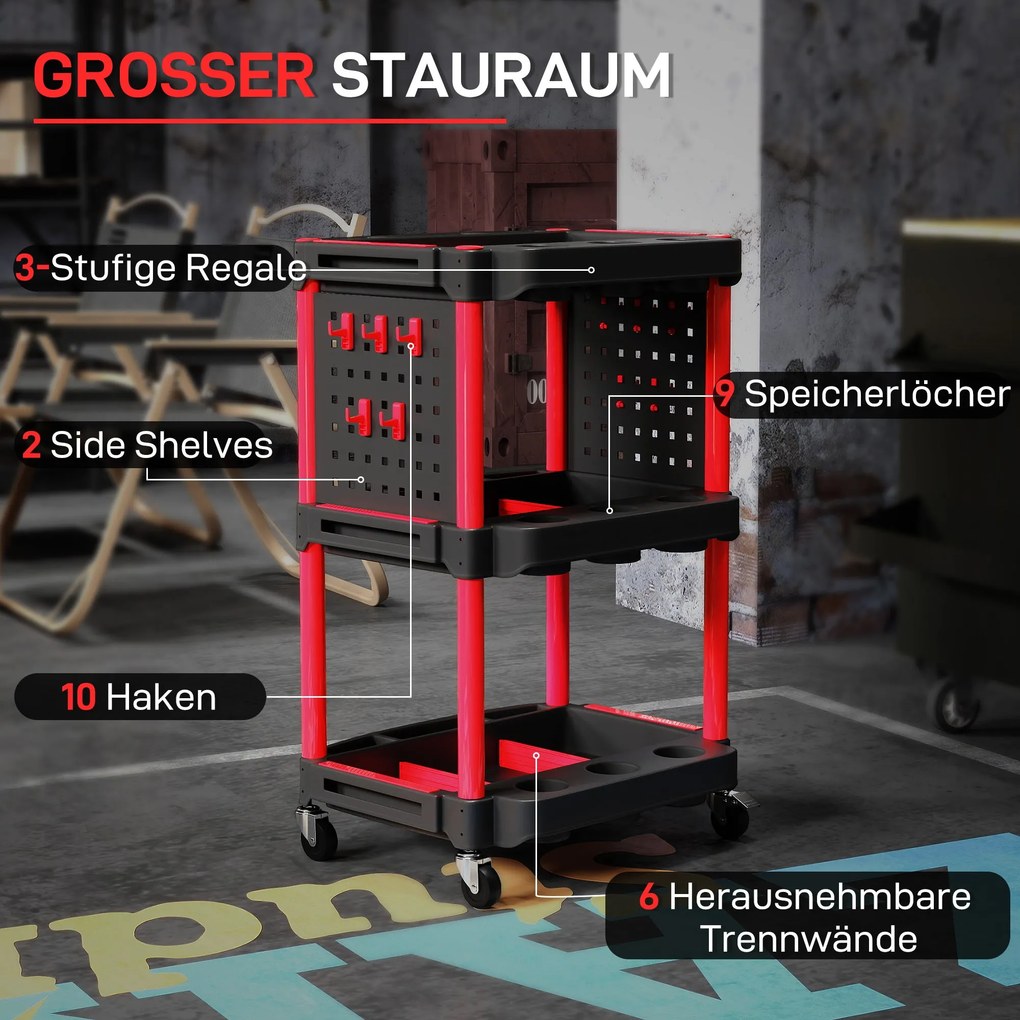 HOMCOM Nářaďový Vozík se 3 Úrovněmi, S Bočními Policemi se Otvory, Nářaďový Vozík s 10 Háčky, Vozík pro Nástroje pro Garáže a Sklady, Nosnost max. 91…