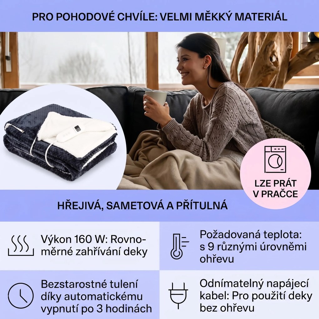 Klarstein DR Watson Deluxe XL, elektrická deka, 160 W, 9 stupňů ohřevu, 180 x 130 cm