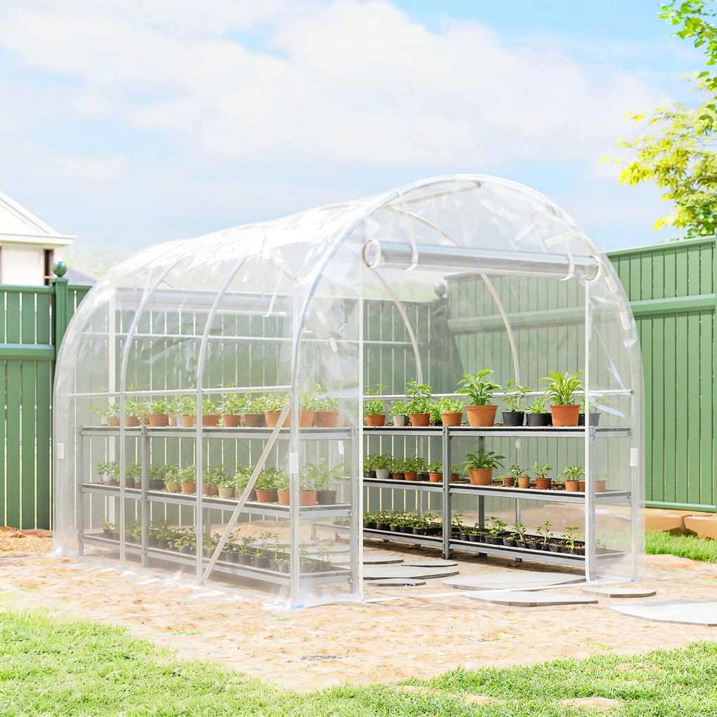 Outsunny Skleník Polytunnel, průchozí skleník s pozinkovaným ocelovým rámem a krytem z PE odolným proti UV záření, průhledný 84H-443V00CR