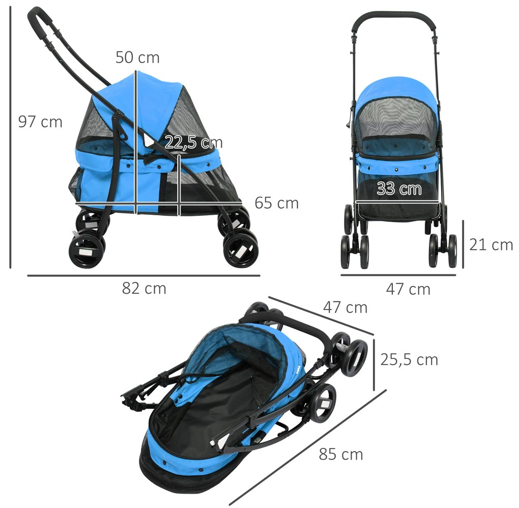 PawHut kočárek pro psy skládací s okénkem ze síťoviny pro malé psy a kočky, 2 bezpečnostní vodítka, materiál Oxford v modré barvě | Aosom.de