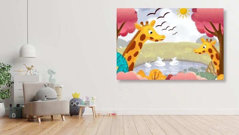 Obraz žirafy u jezírka - 90x60 cm