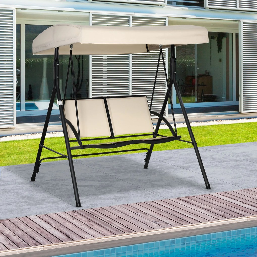 Outsunny Zahradní houpačka pro 2 osoby s nastavitelnou markýzou a textilním sedákem, 140x118x162cm Béžová