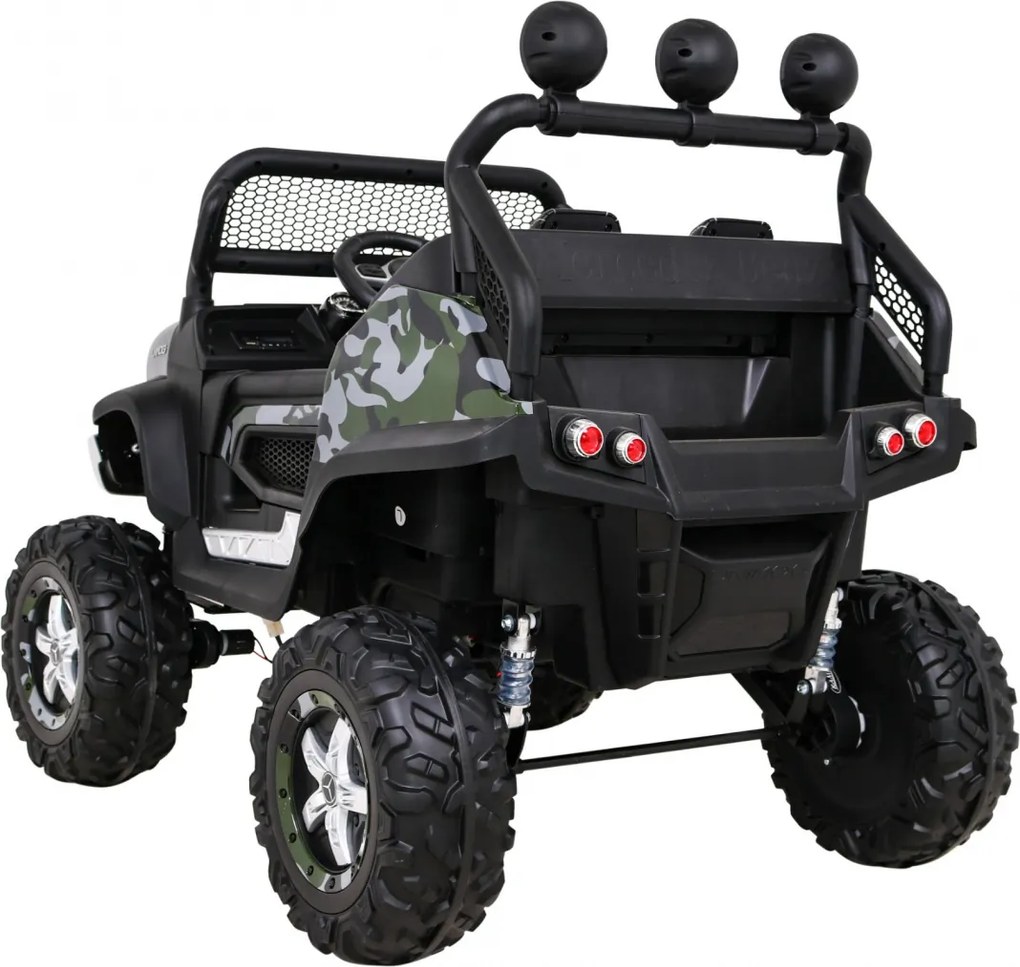 Ramiz Mercedes Benz Unimog elektrické autíčko pro děti maskáčové lakované + pohon 4x4 + dálkové ovládání + nosič zavazadel + pomalý start + MP3 + LED