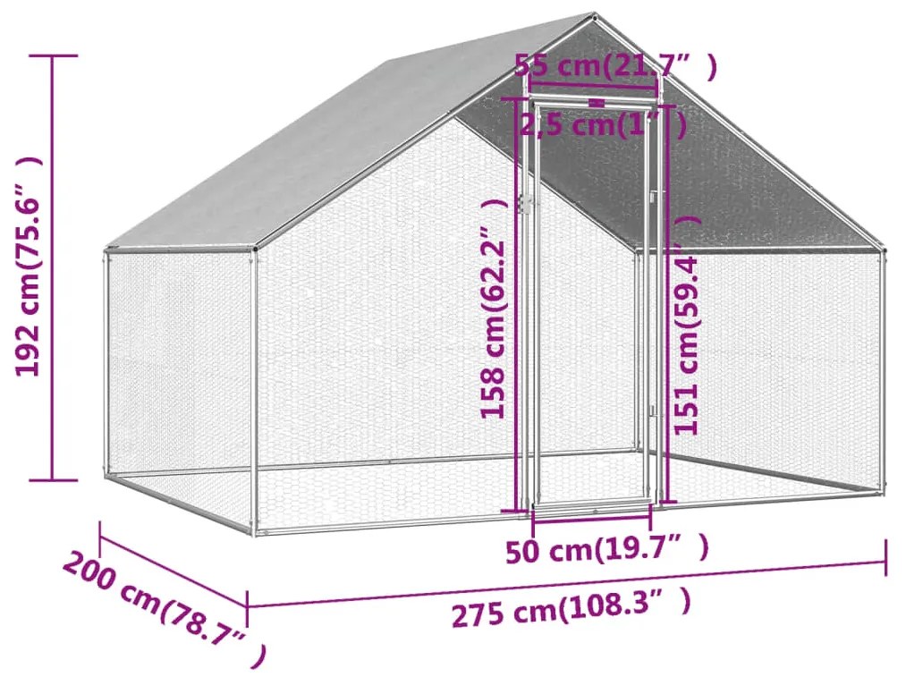 vidaXL Marketos Venkovní klec pro kuřata 2,75 x 2 x 1,92 m pozinkovaná ocel
